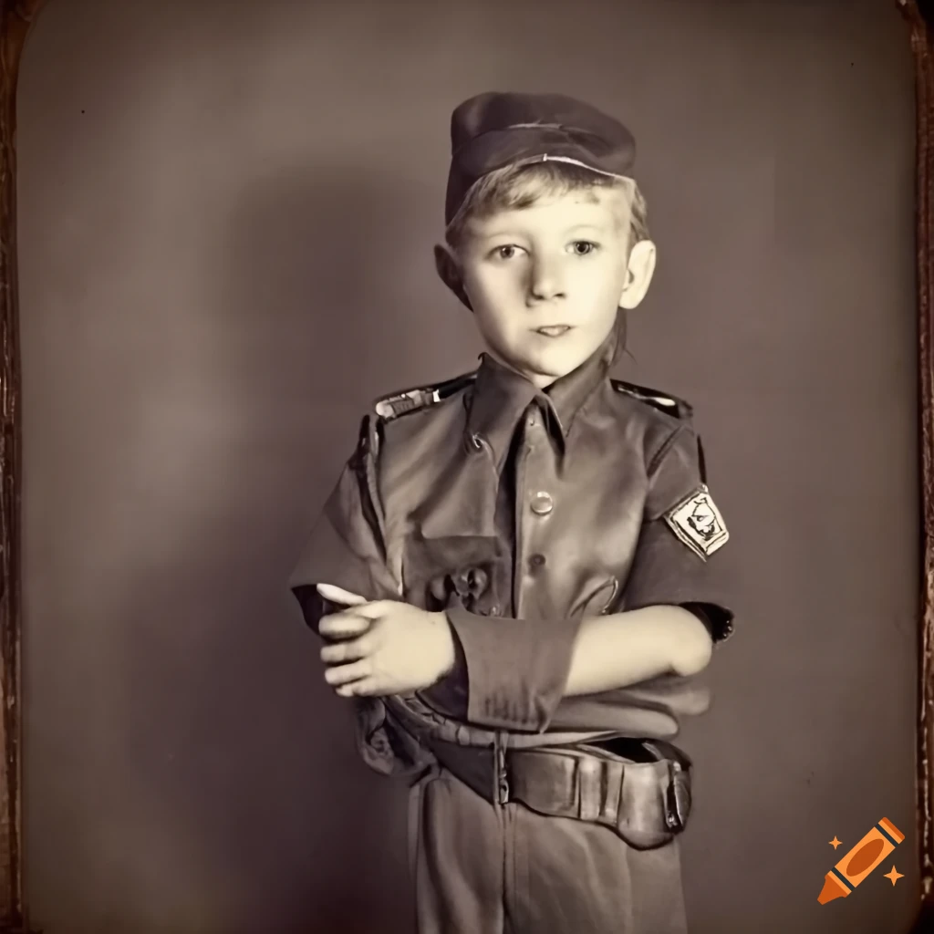 Vintage photograph of a young boy in a security guard uniform on Craiyon