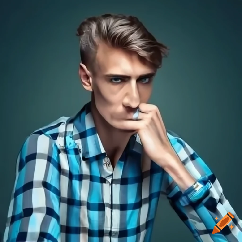 Timid skinny guy in blue plaid shirt typing on a keyboard on Craiyon