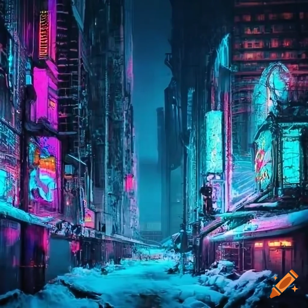 Photograph of a cyberpunk city in winter on Craiyon