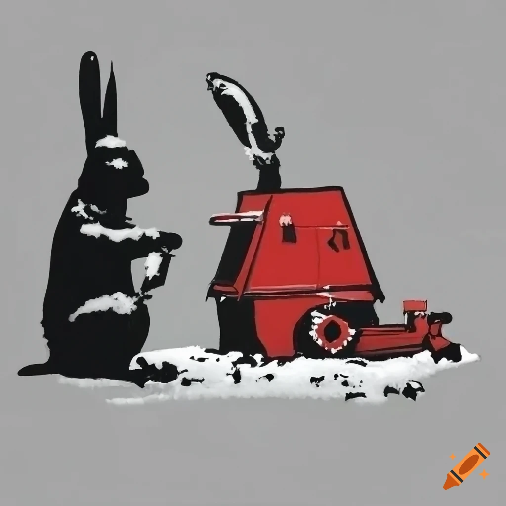 Banksy style black and white drawing of green rabbit and red snow ...