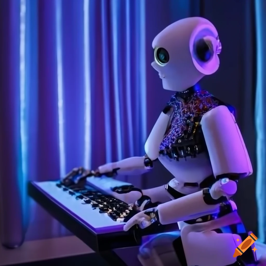 Close-up of a female robot keyboardist