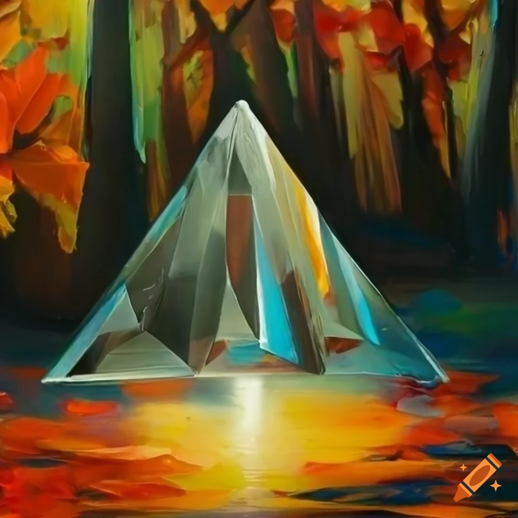Knife palette painting of a floating prism in an autumn forest