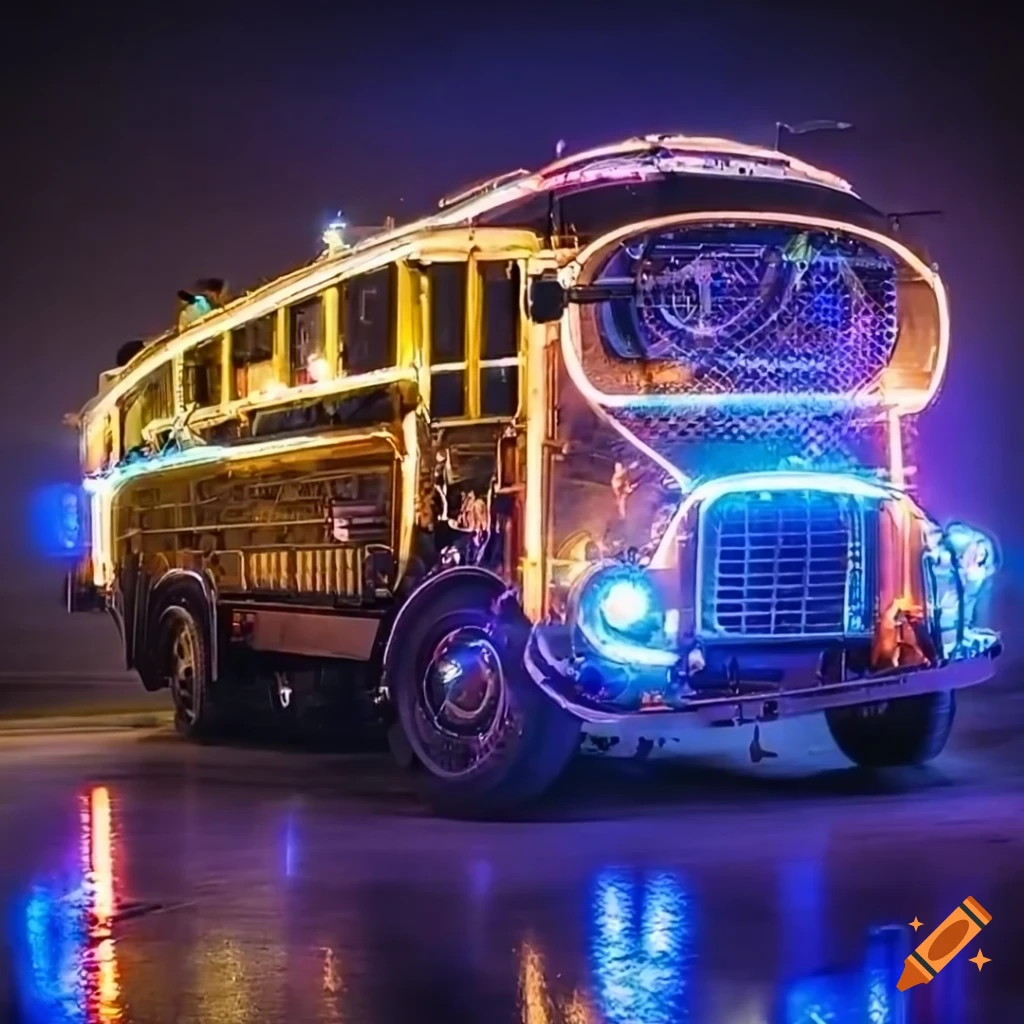 Futuristic steampunk bus in a desert at night on Craiyon