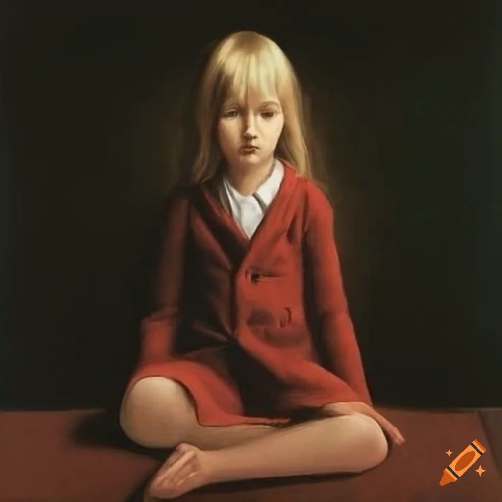 Full body portrait of a blonde 9-year-old girl by rene magritte