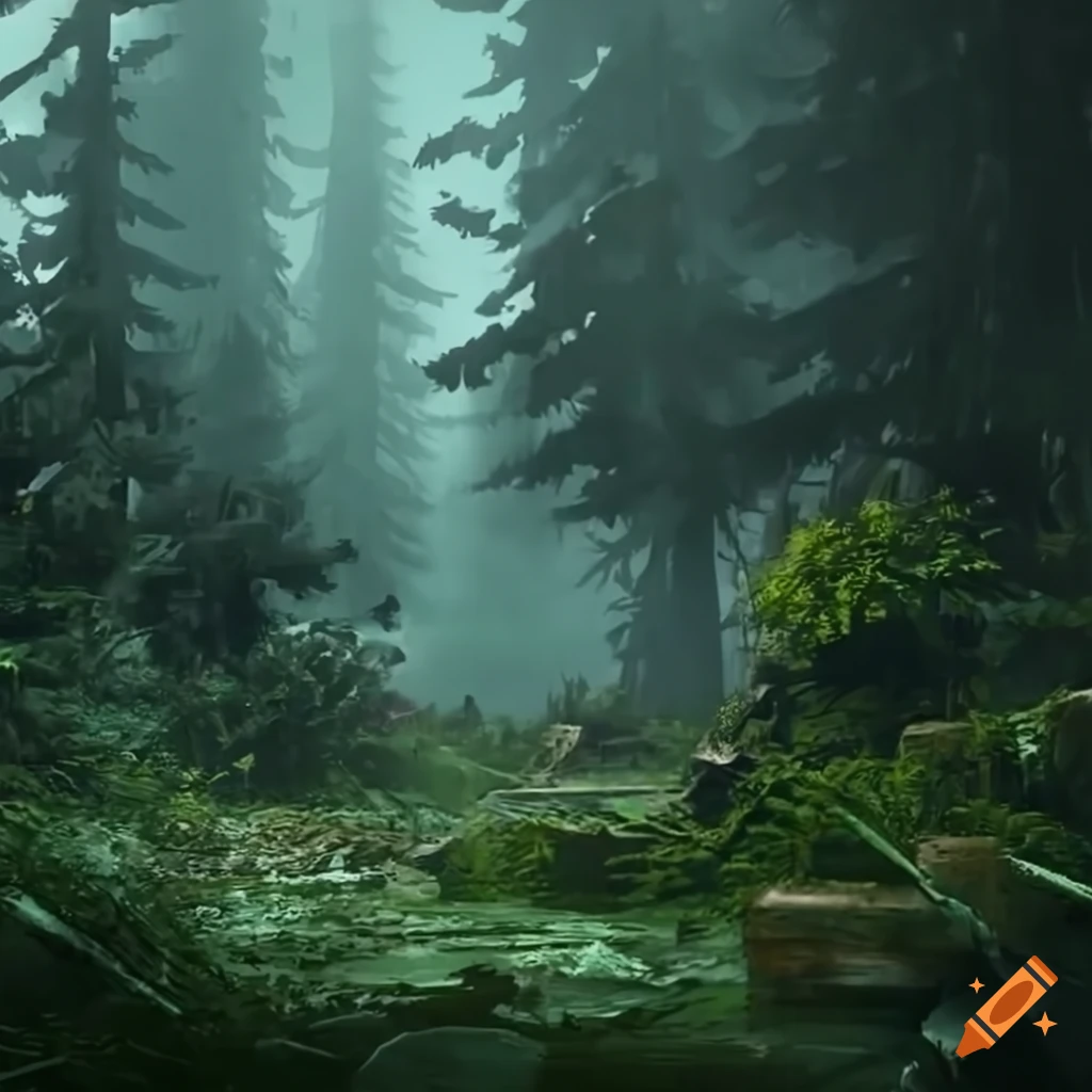 Background of a rainy forest in a warzone on Craiyon