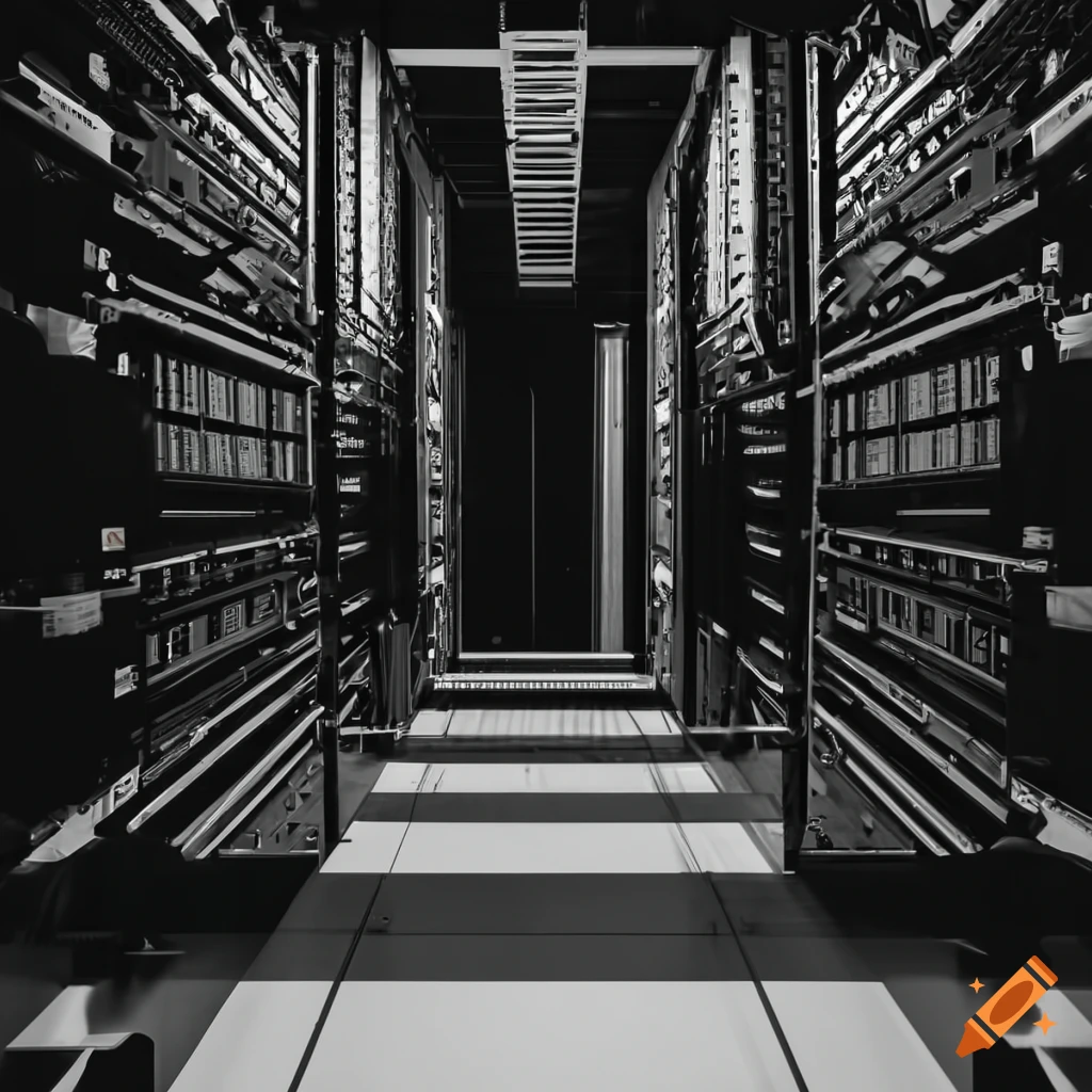 Minimalistic black and white web server in an empty room on Craiyon