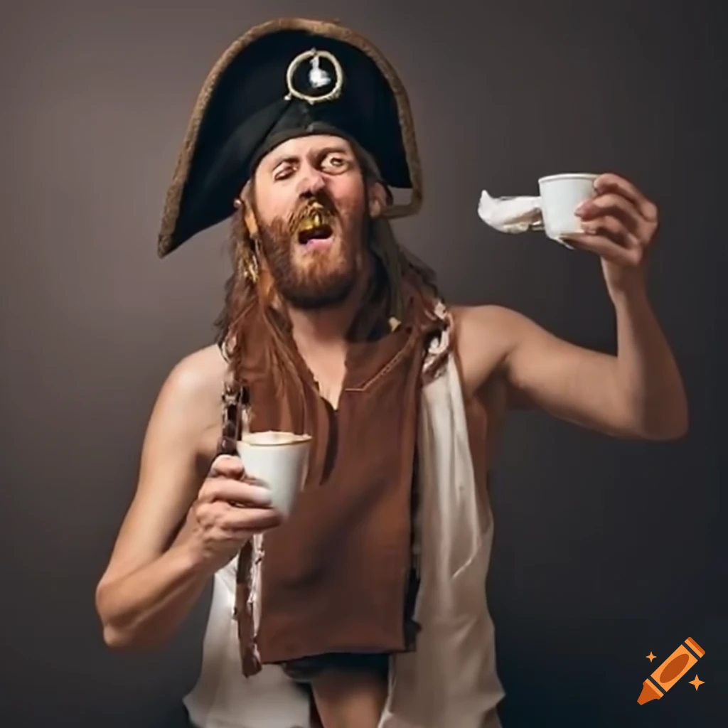Humorous image of pirates enjoying toast and coffee on Craiyon