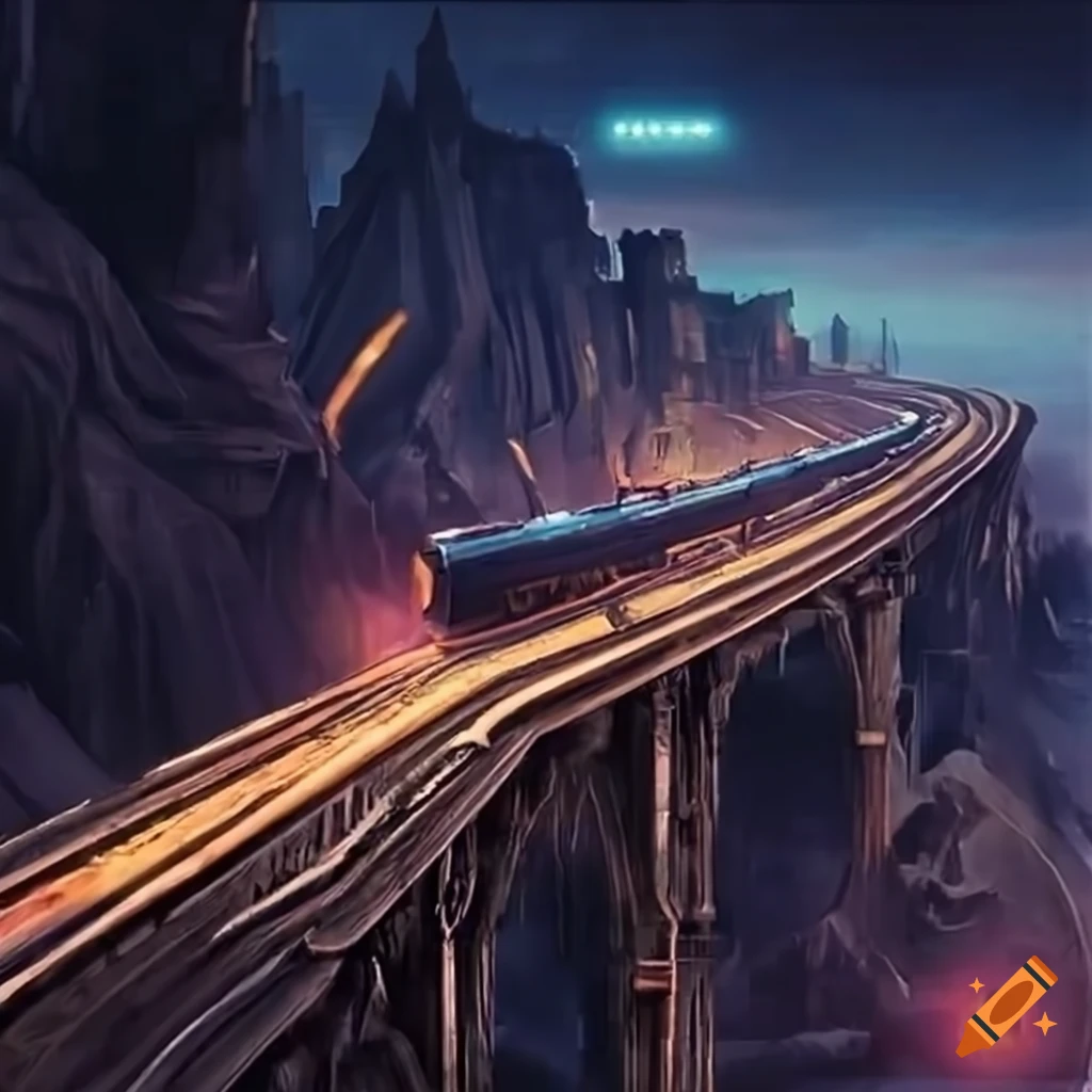Sci-fi illustration of long distance roads and railway on Craiyon