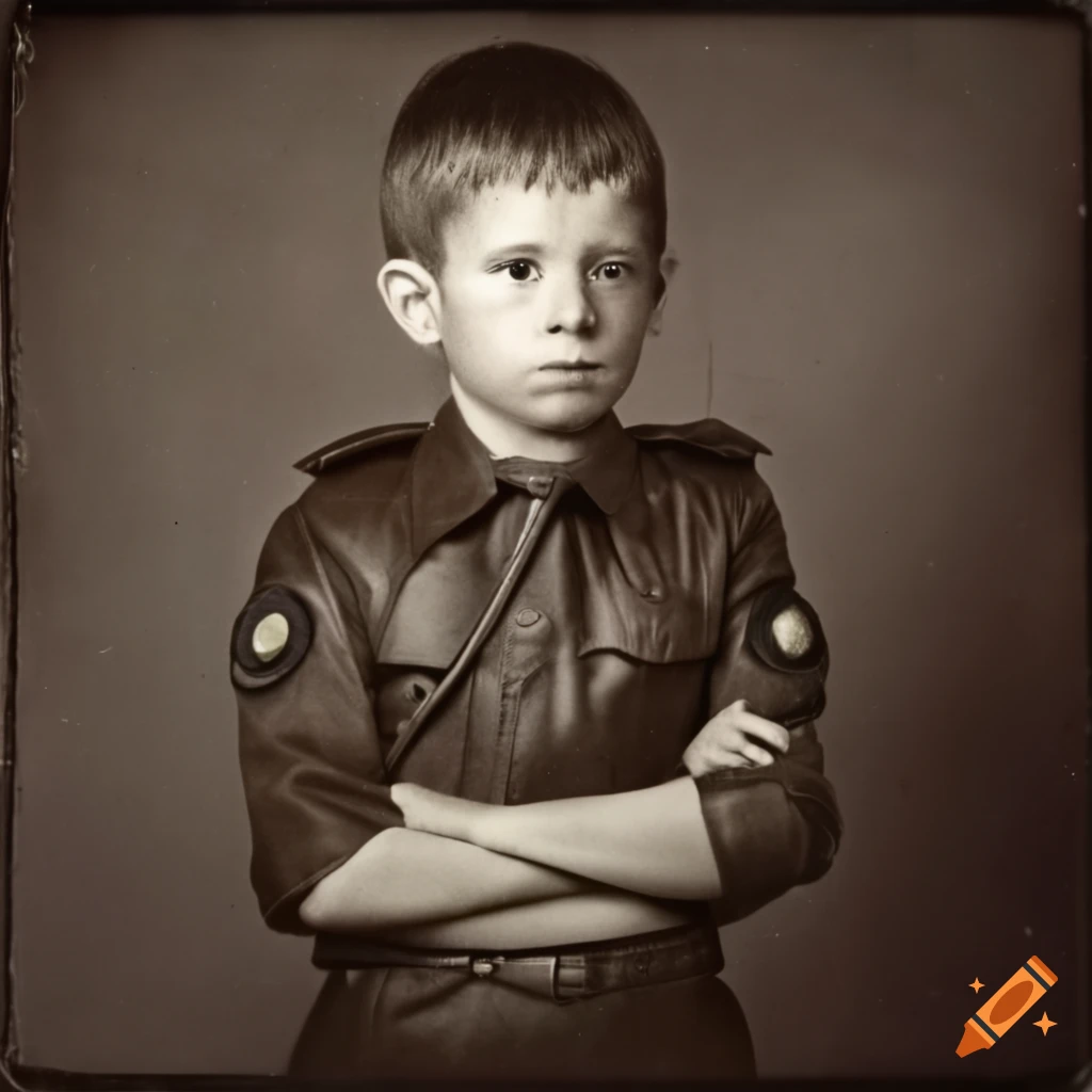 Old vintage photo of a serious young boy in a security guard uniform on ...