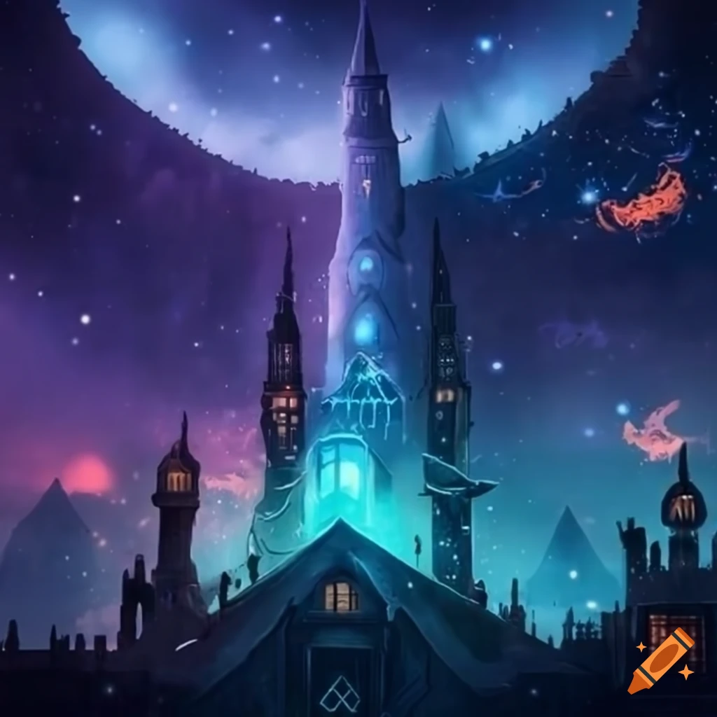 Illustration of a magical school in a fantasy city on Craiyon