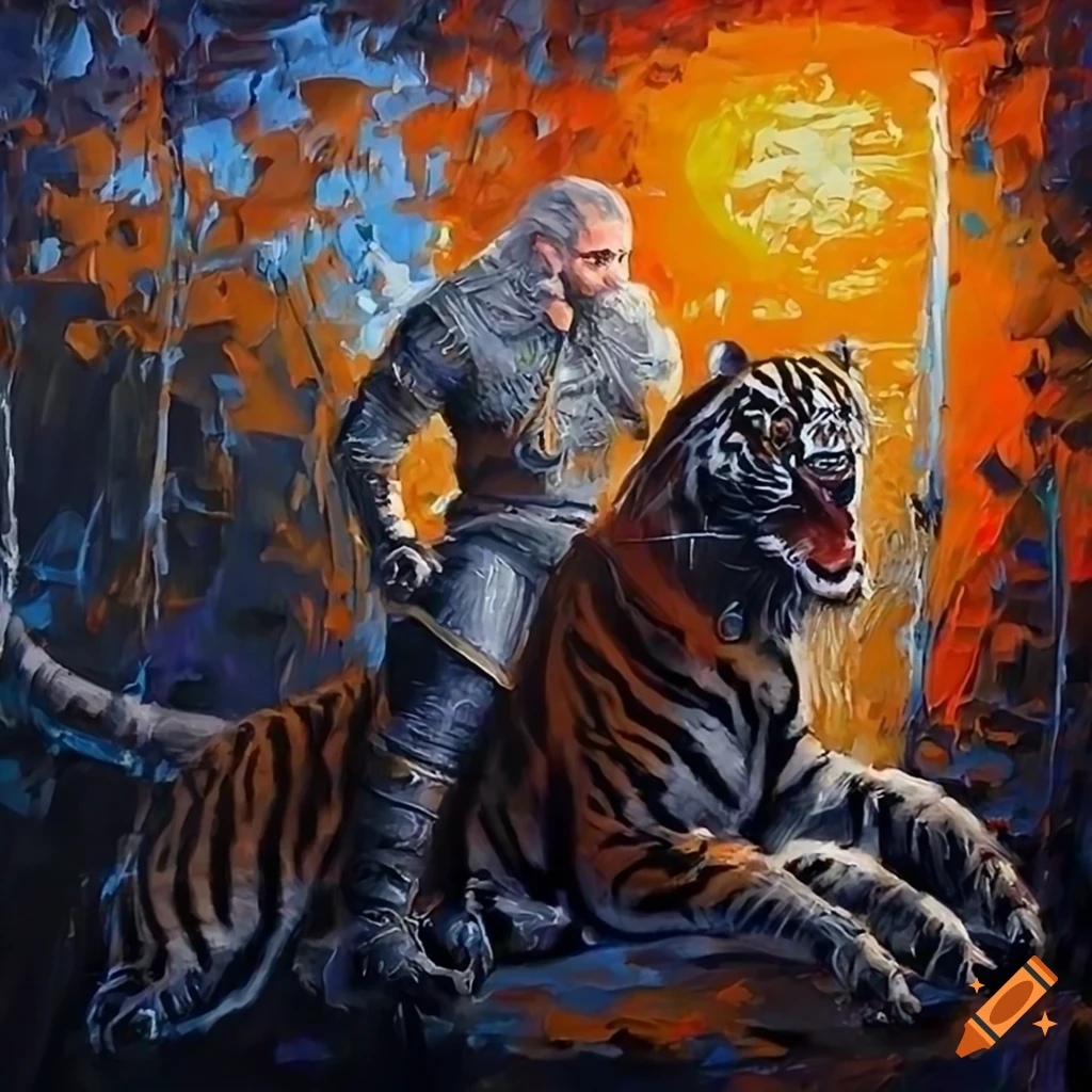 Digital painting of geralt riding a tiger on Craiyon