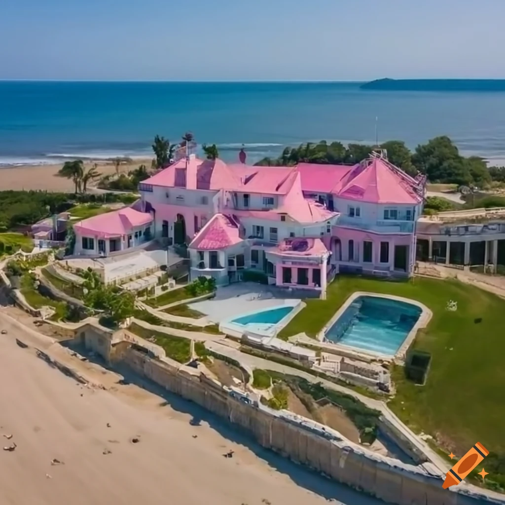 Aerial view of a pink mansion on the beach on Craiyon