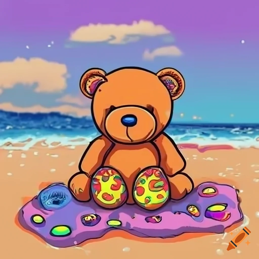 Colorful trippy teddy bear on a beach on Craiyon