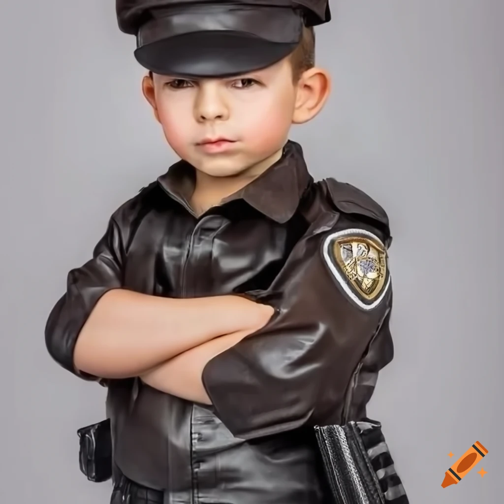Photo-realistic image of a young boy in a security guard uniform on Craiyon