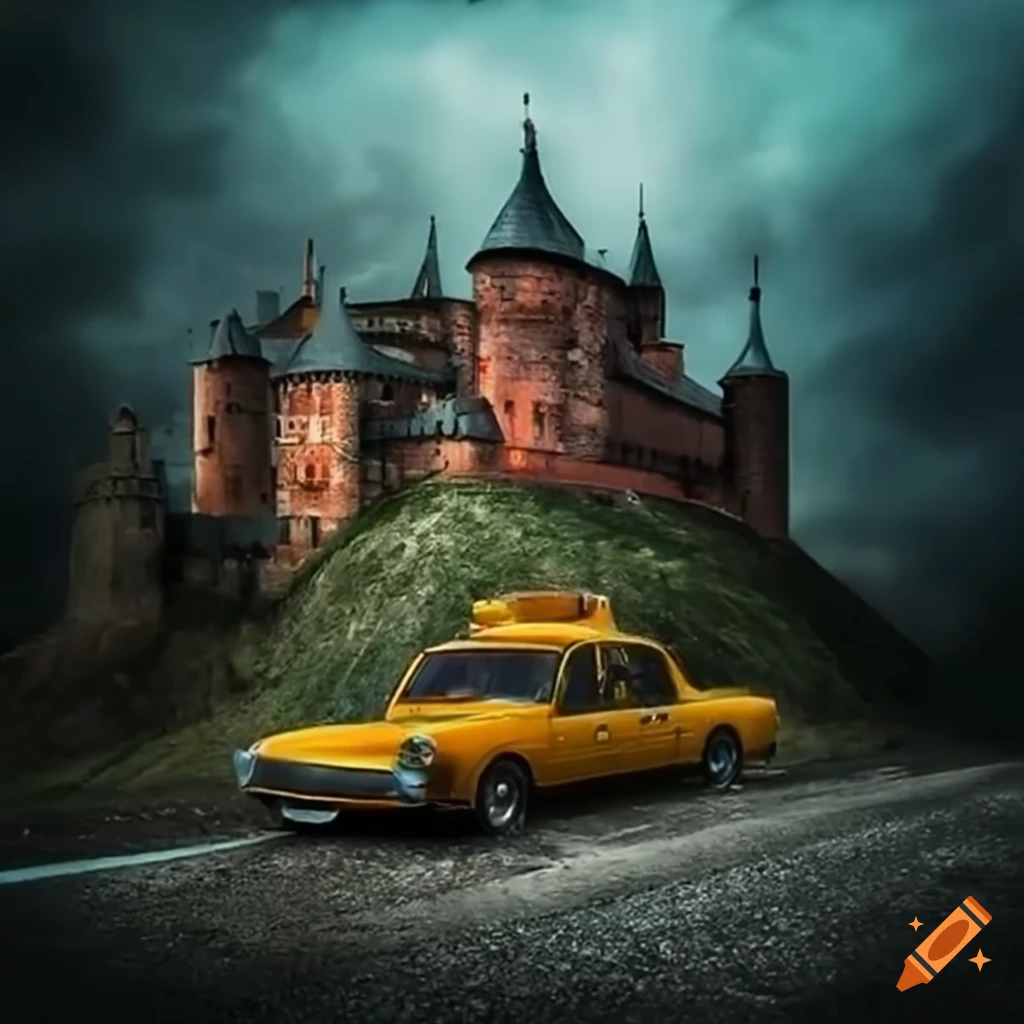 Spooky halloween castle with a road and taxi car