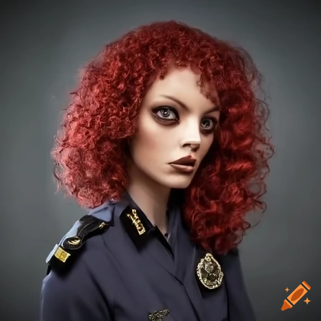 Illustration of a maroon-haired humanoid alien woman in a police ...