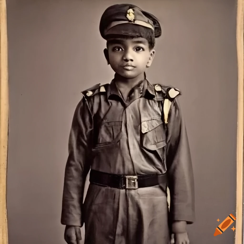 Vintage photo of a young Indian boy in a security guard uniform on Craiyon