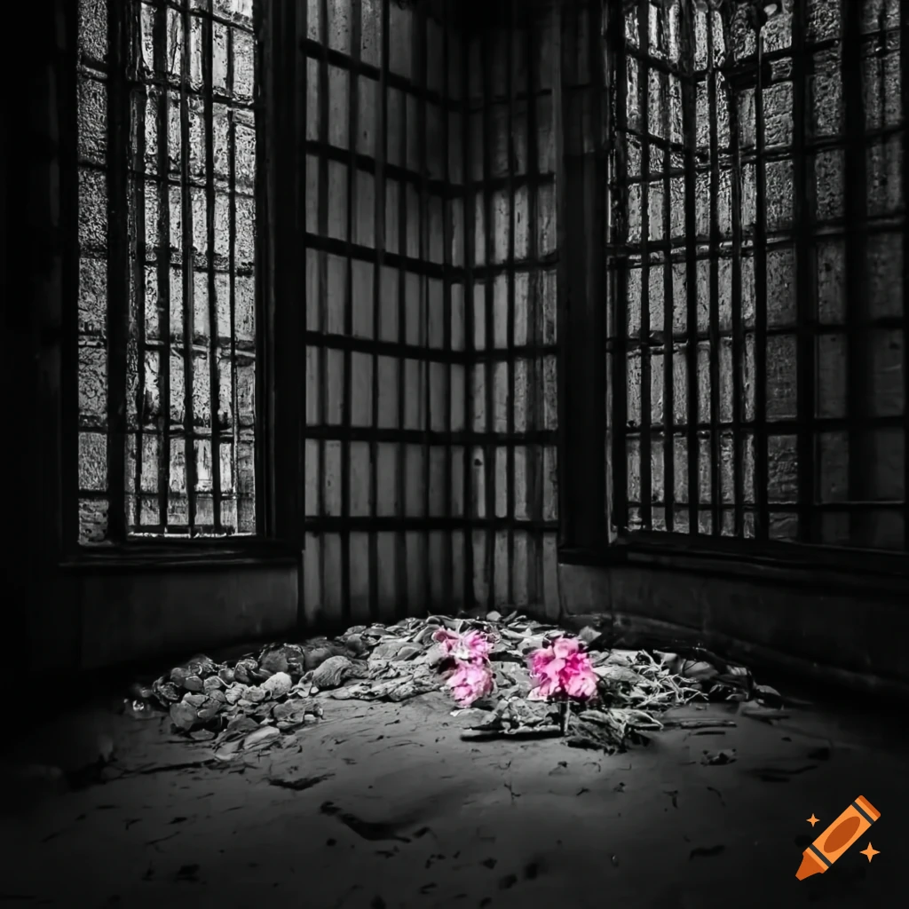 Black and white prison cell with a pink flower in the corner on Craiyon