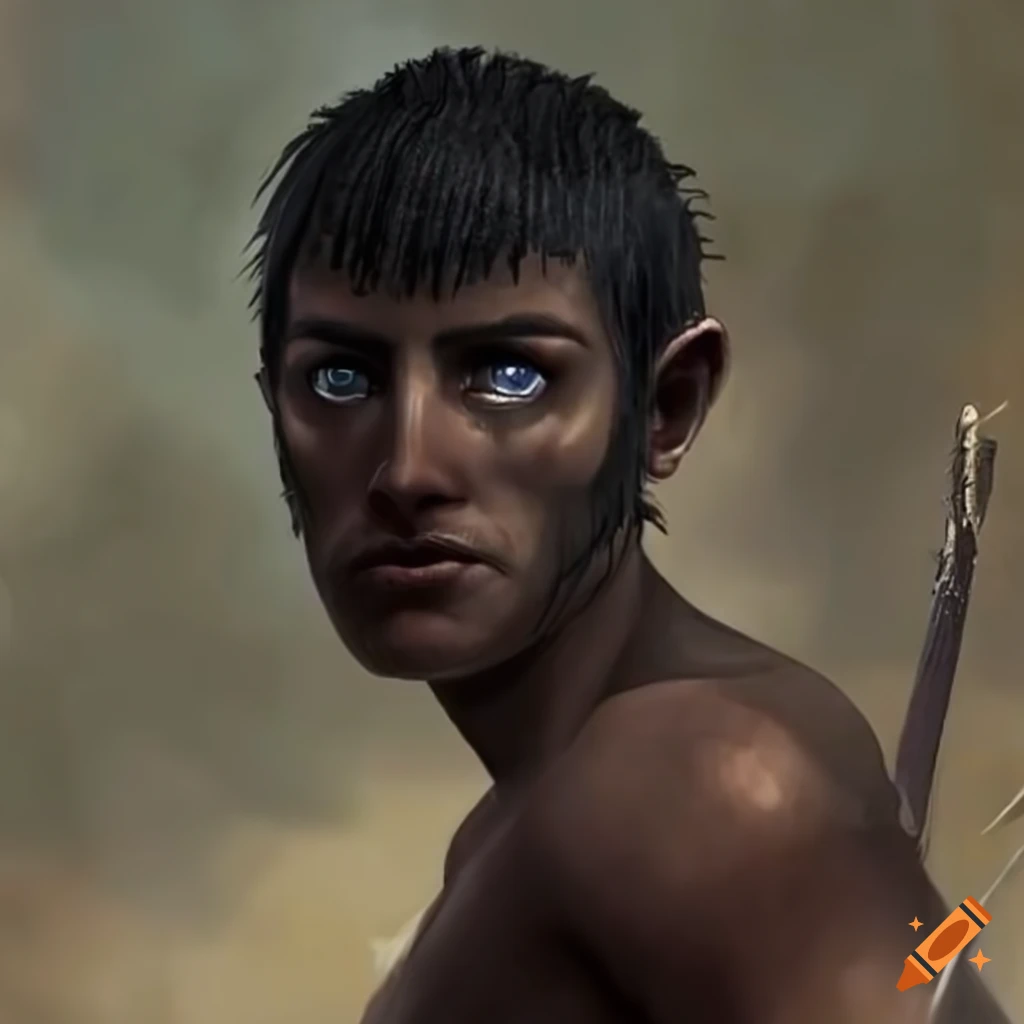 Portrait of an ancient Iberian man with dark skin, blue eyes, and black ...