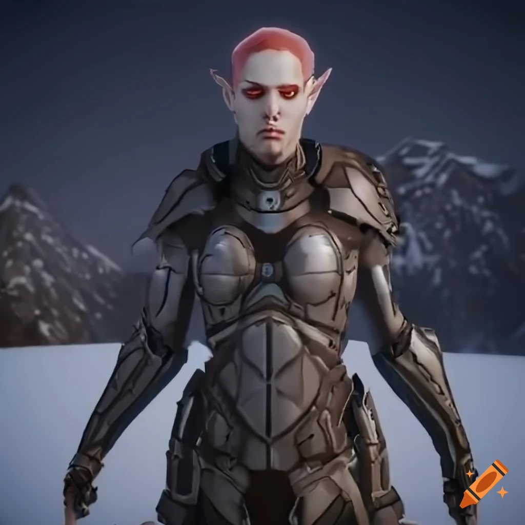 Sci-fi elf cyborg with red hair and black armor on Craiyon