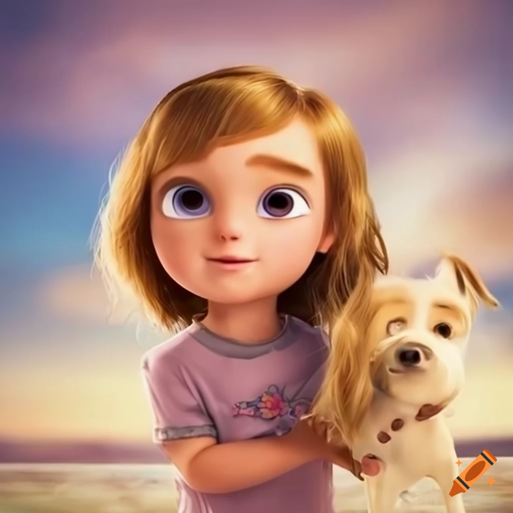 Blond toddler girl with dog in a Pixar movie on Craiyon