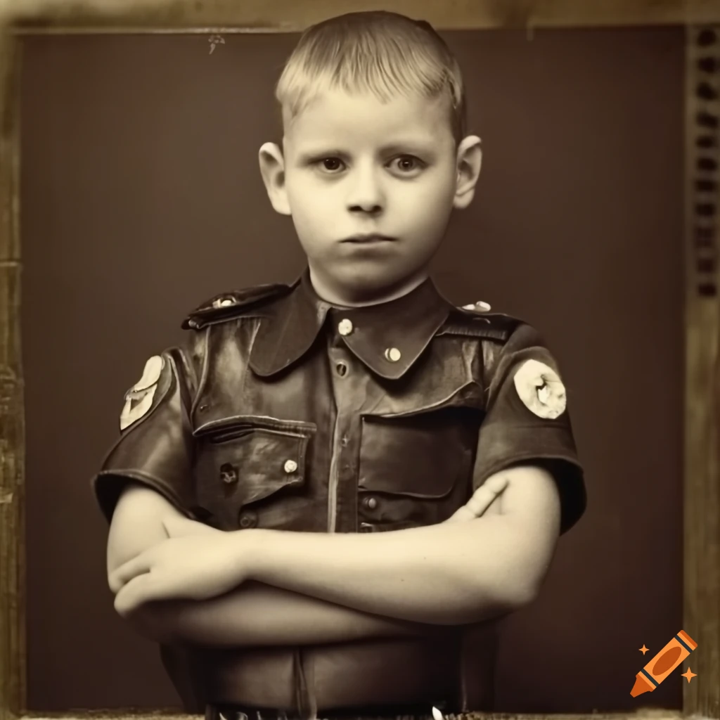 Old vintage photo of a serious young boy in a security guard uniform on ...