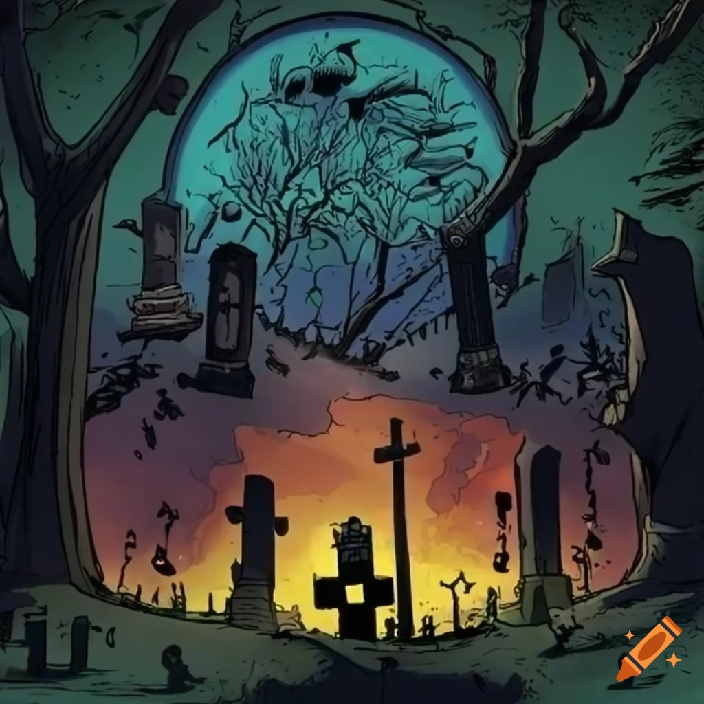Comic book style spooky graveyard