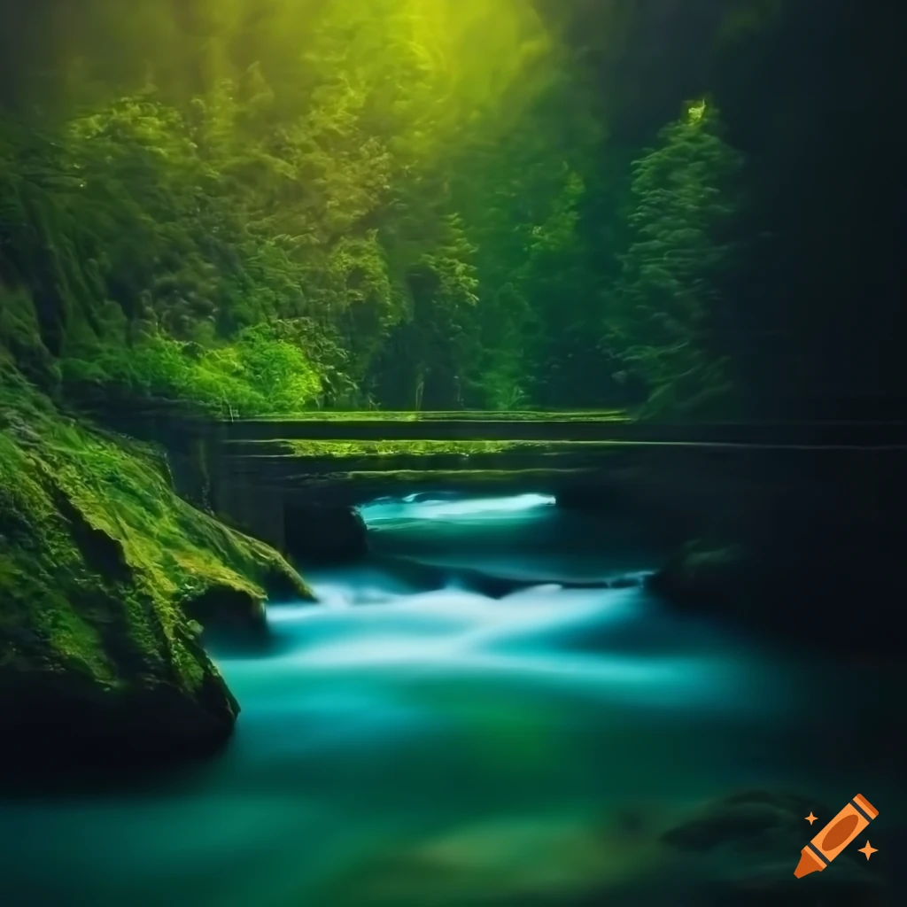 Bridge over a fast-flowing river in a green forest