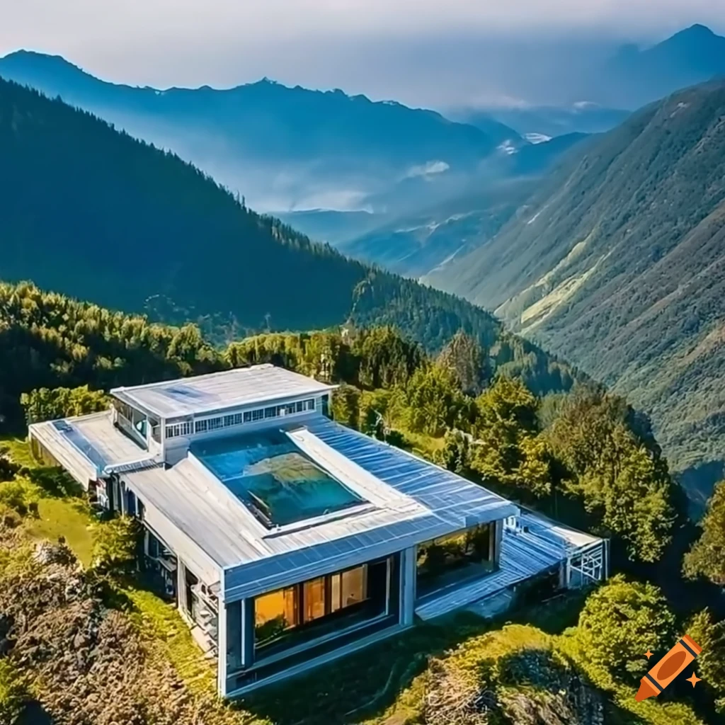 Drone photo of a modern solarpunk house on a mountain on Craiyon