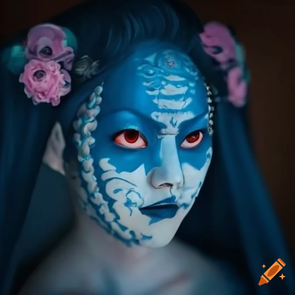 Enigmatic woman in blue oni semimask
