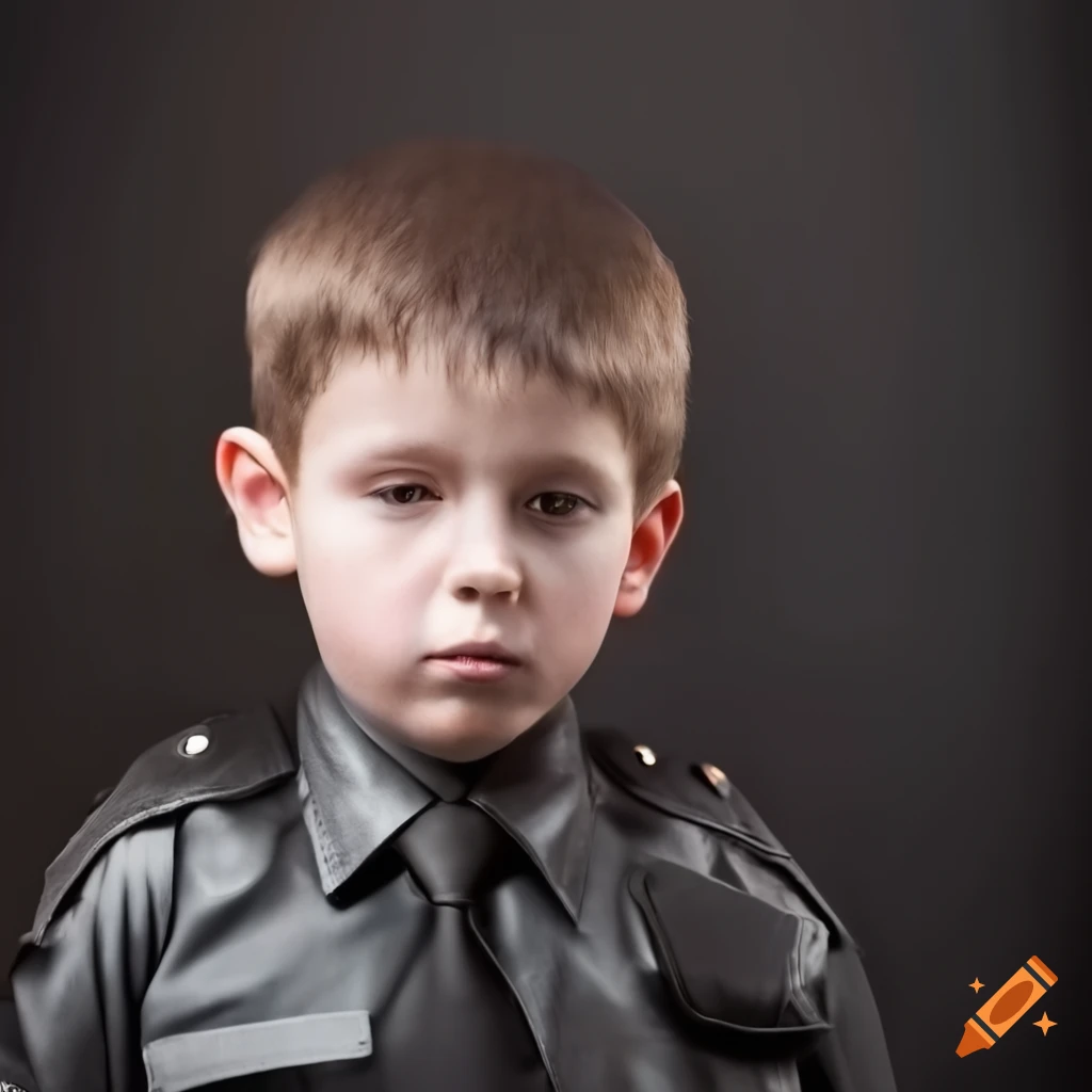 Photo realistic depiction of a young boy in a security guard uniform