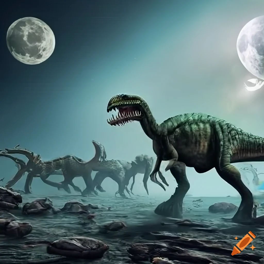 Epic battle between aliens and dinosaurs on the moon on Craiyon