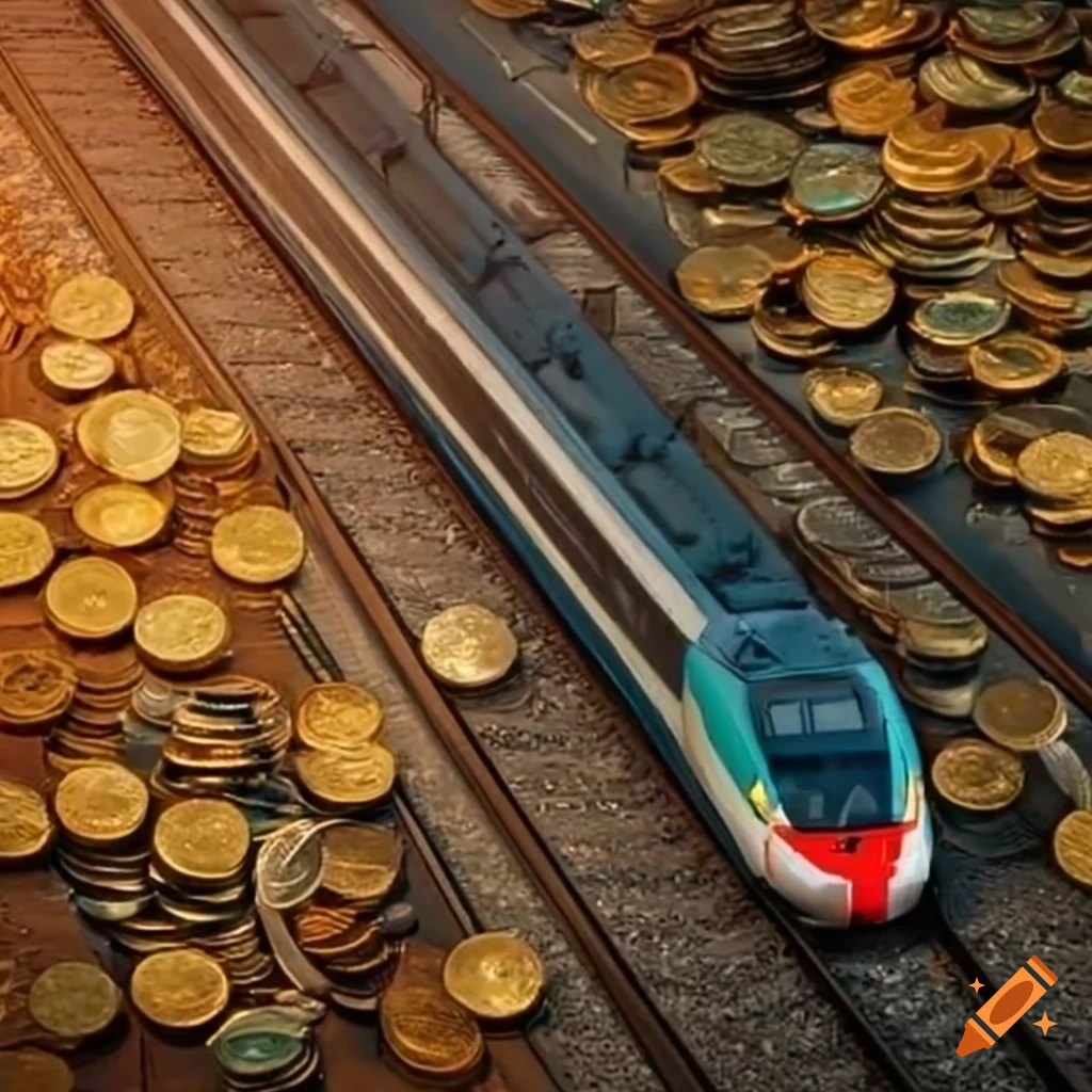 Modern train passing by piles of gold coins and palm trees on Craiyon