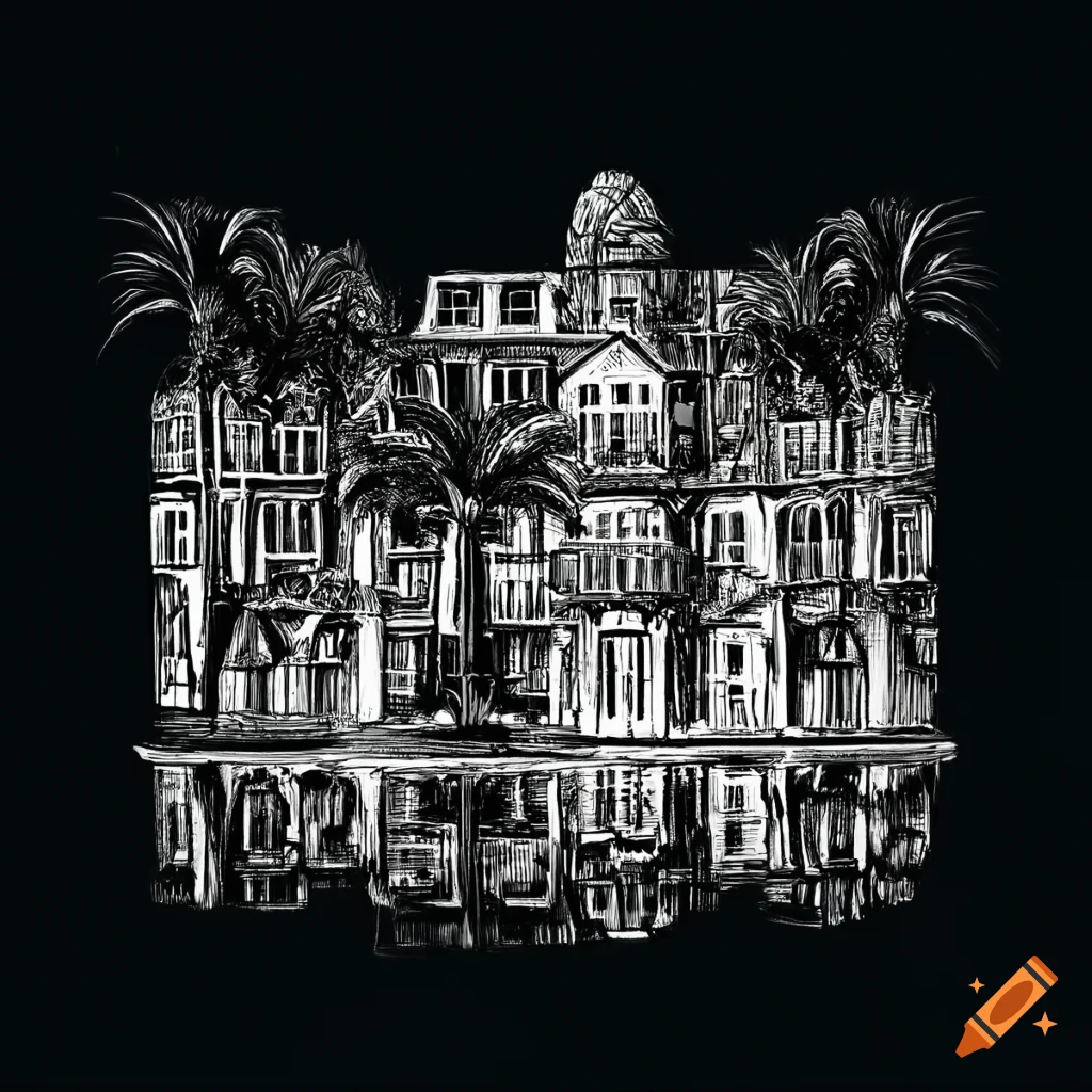 Minimalistic pencil drawing of french riviera houses and palm trees on ...