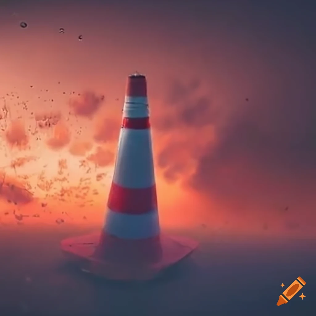 Artistic depiction of traffic cones falling from the sky
