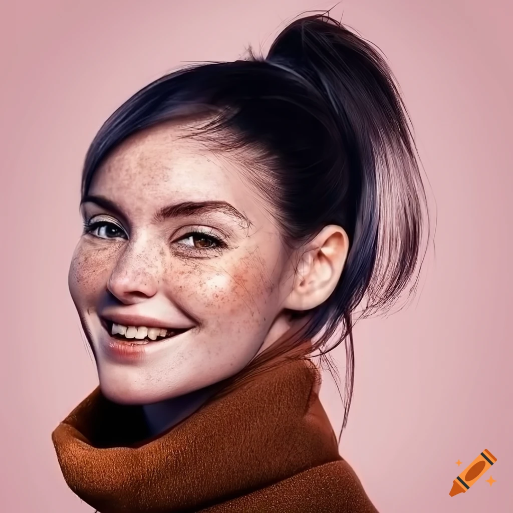 Portrait of a young woman with a charming smile and freckles