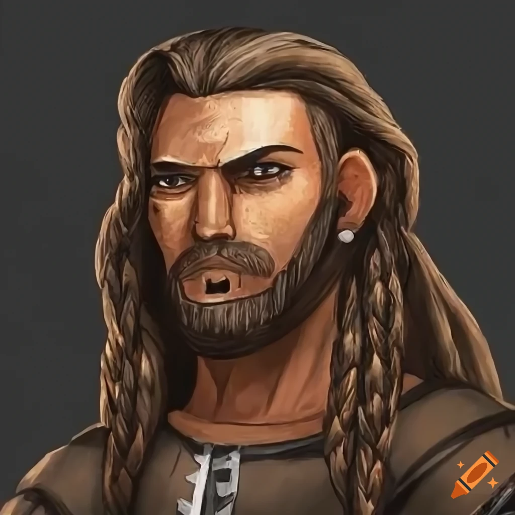 Tan man with brown braided hair and grey eyes in medieval attire on Craiyon