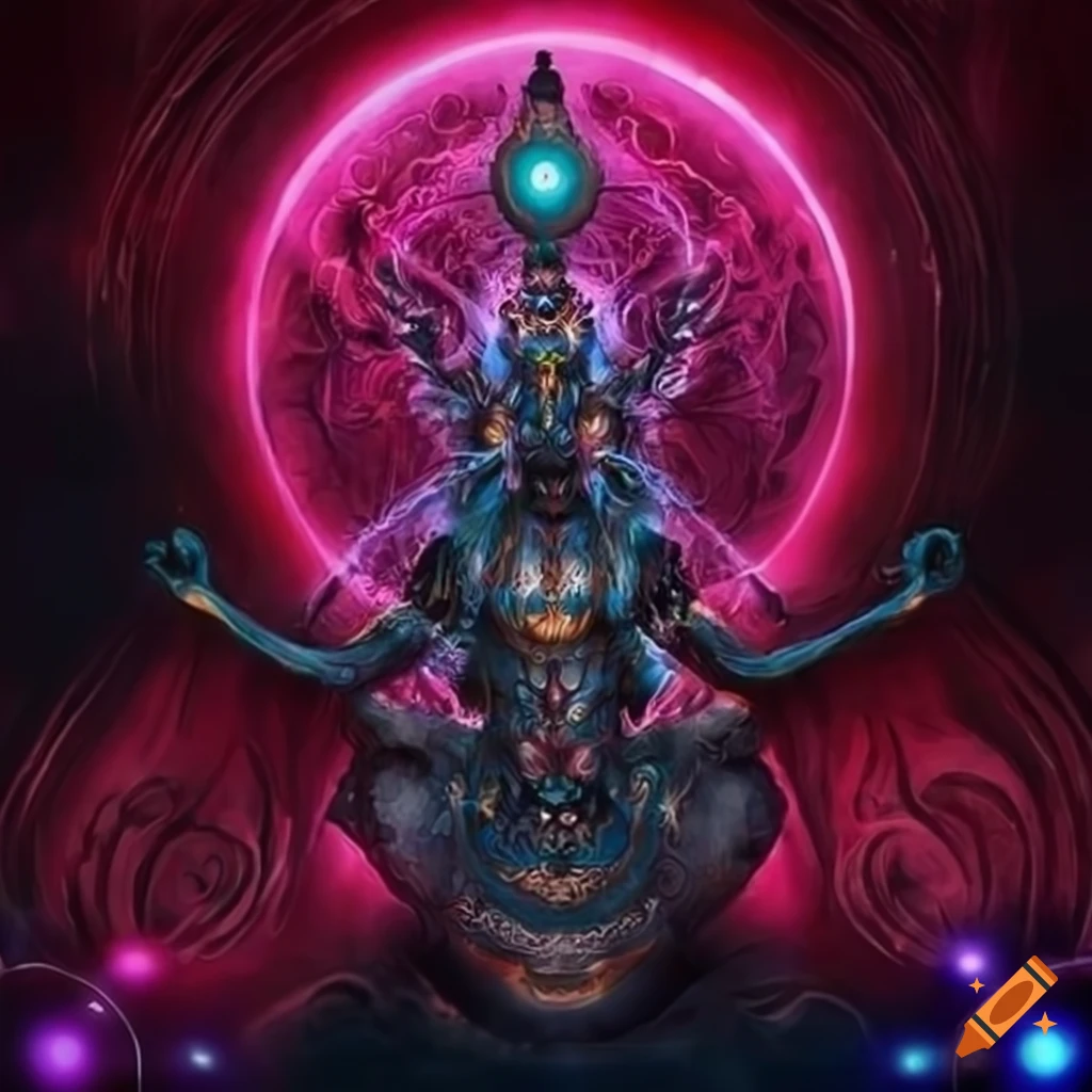 Illustration of technology portrayed as a deity with humans praying in ...