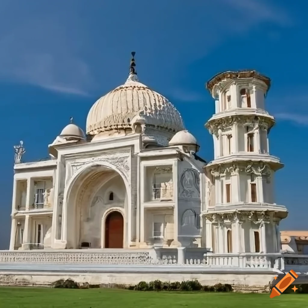 Frontal view of mahal white house in mediterranean architectural style