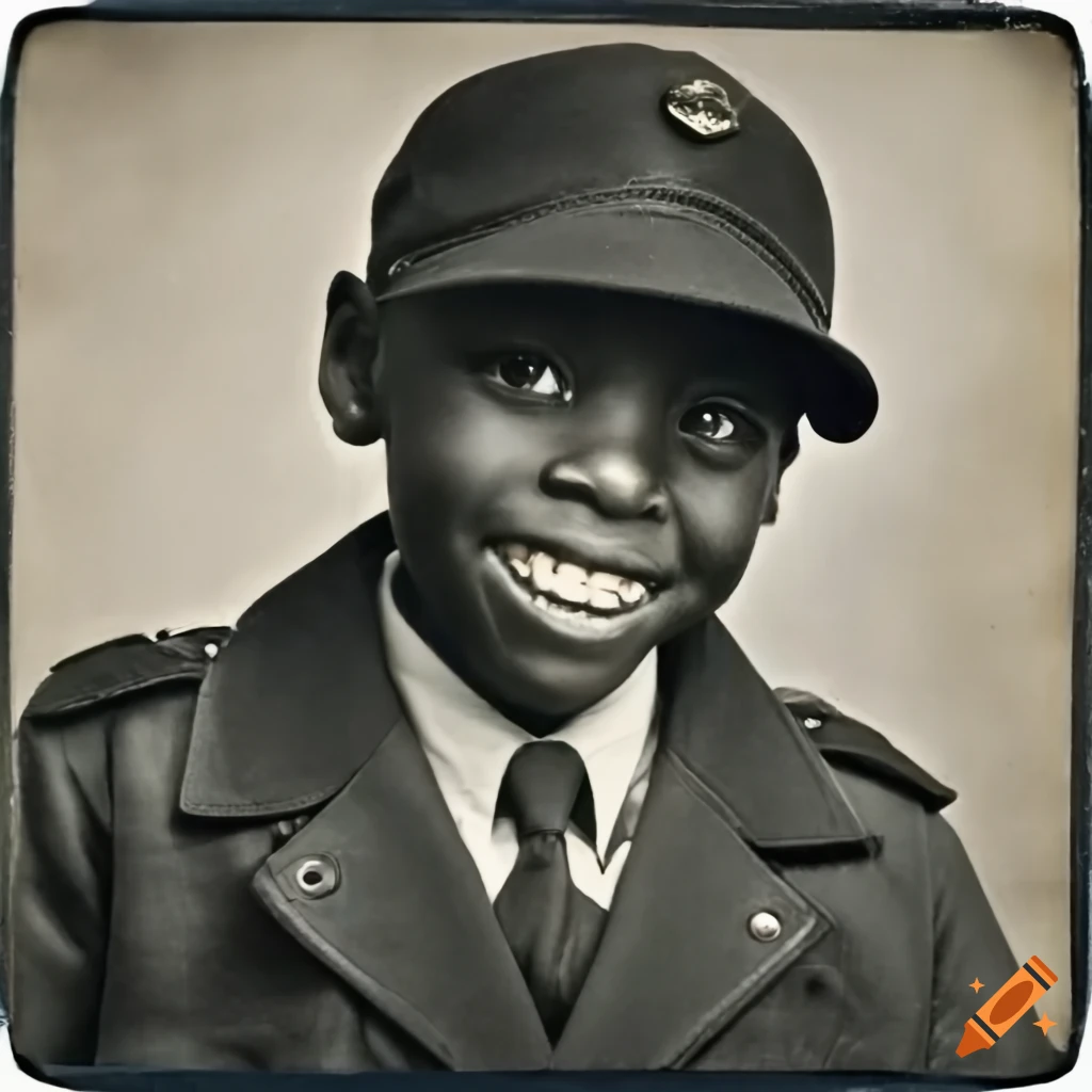 Vintage photo of a stern-looking black boy in a security guard uniform