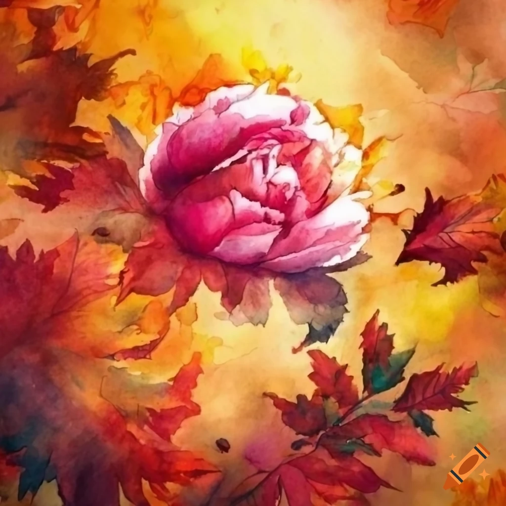 Watercolor painting of roses, peonies, and autumn leaves on Craiyon