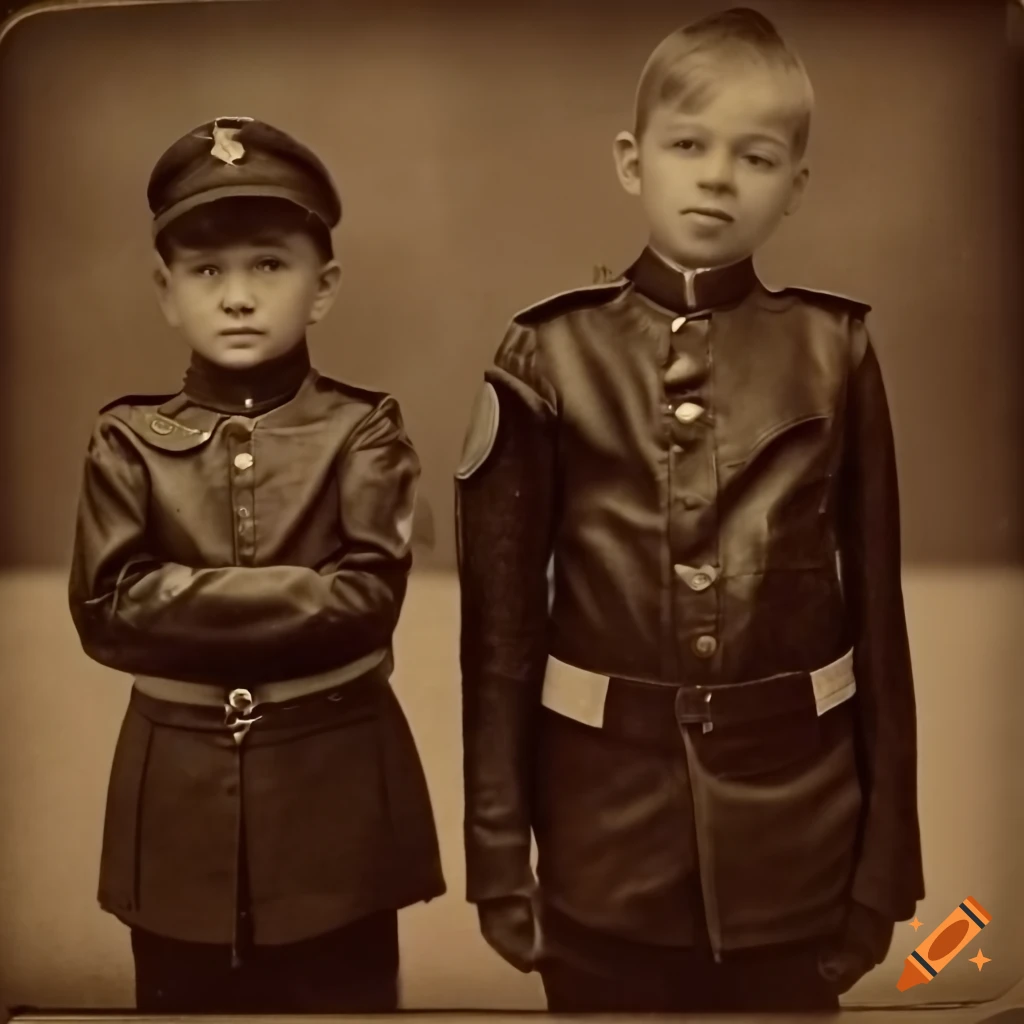 Vintage photograph of three boys in security guard uniforms on Craiyon