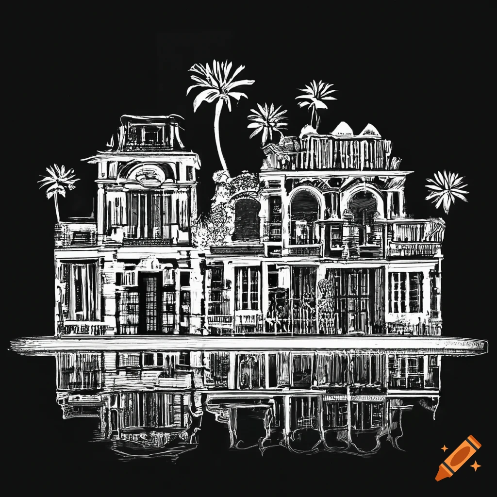 Outline of elegant french riviera houses with palms on Craiyon