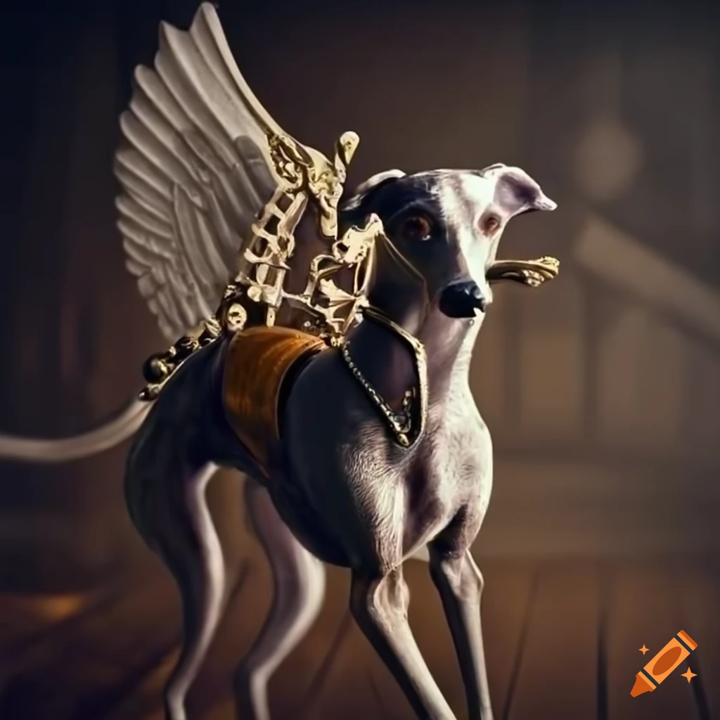 Steampunk whippet with mechanical wings on Craiyon