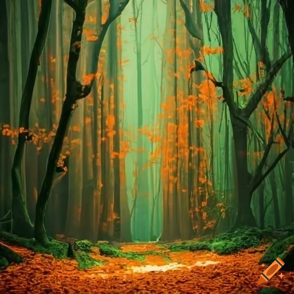 Lush forest with big orange trees on Craiyon