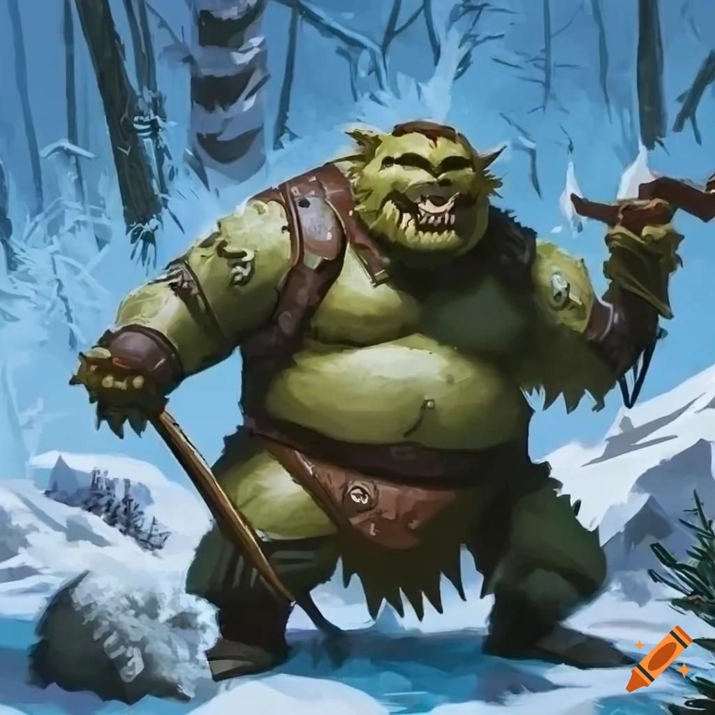 Illustration of a fat furry bugbear viking in a snowy taiga on Craiyon