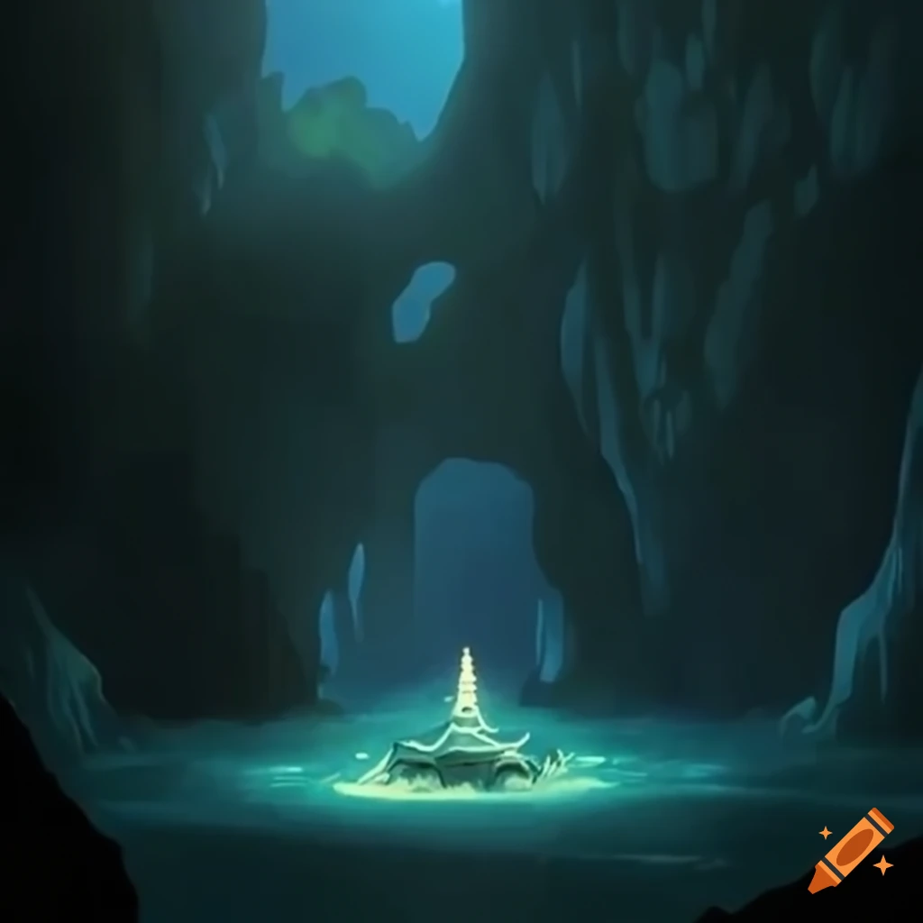 Dark fantasy anime cave with a temple on an island on Craiyon