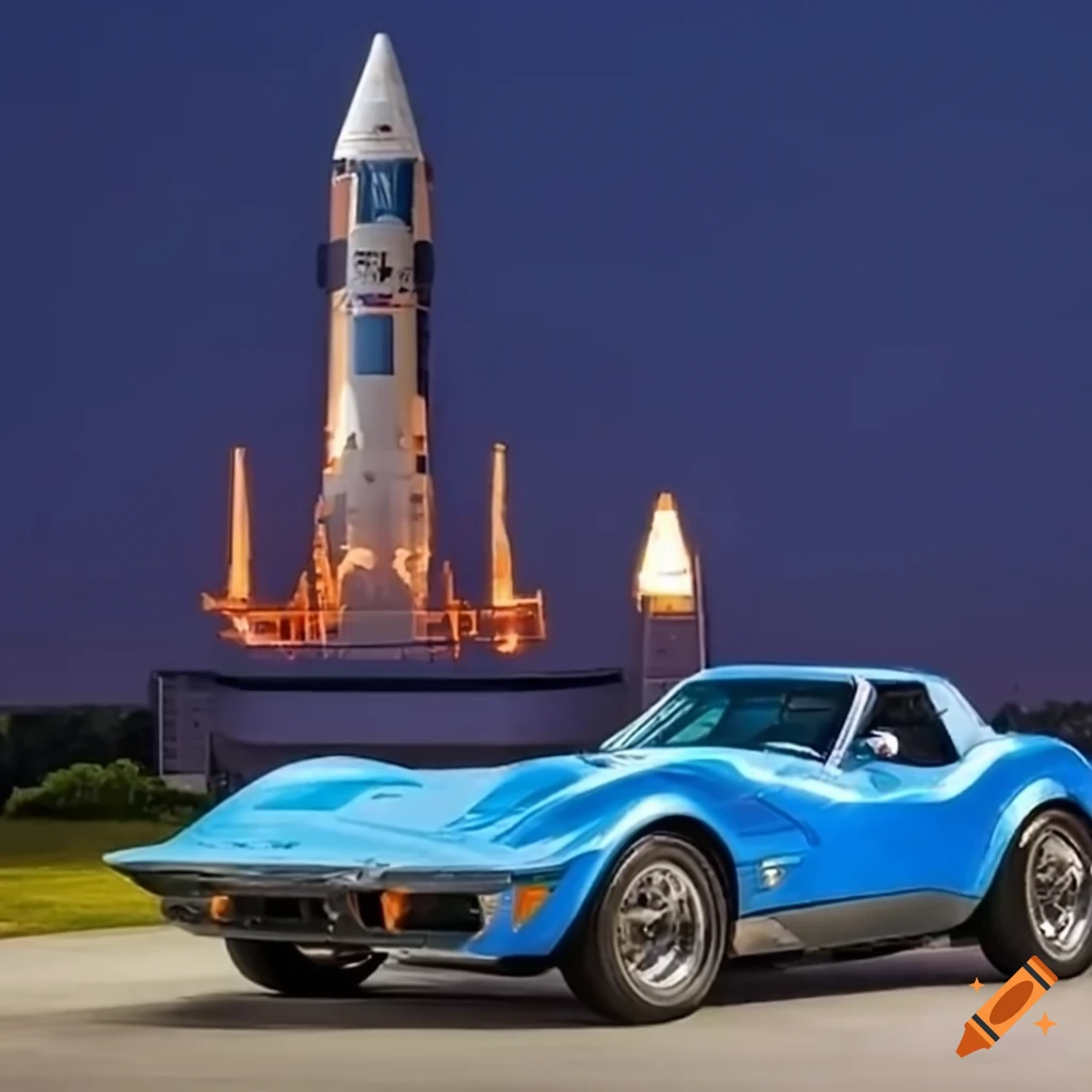 Corvette c3 in front of kennedy space center on Craiyon