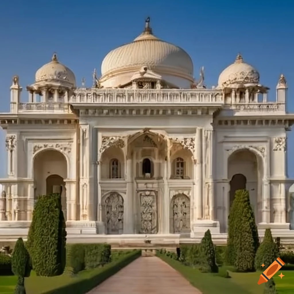 Frontal view of Mahal White House in Mediterranean architectural style on Craiyon