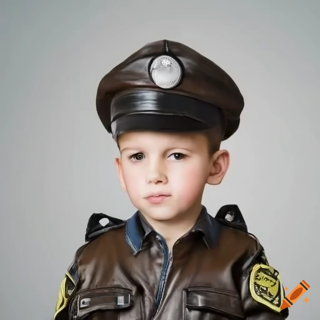 Photo-realistic image of a young boy in a security guard uniform
